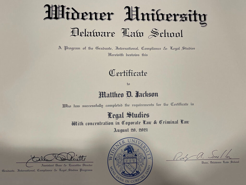 Authentic-Looking Fake Certificate From Widener University (version 2)