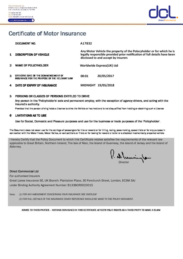 Customizable Fake Proof Of Direct Commerical Motor Insurance