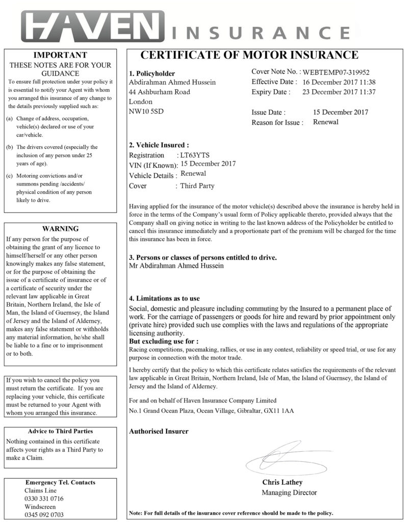 Customizable Fake Proof Of Haven Motor Insurance