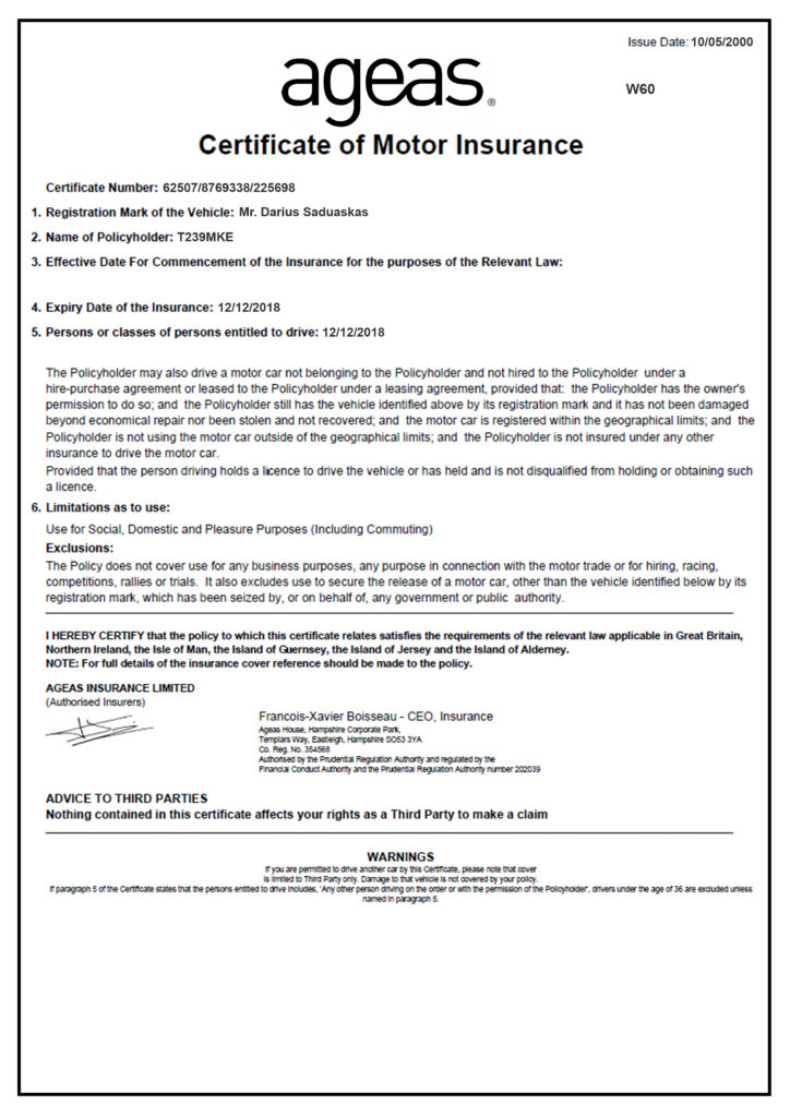 Customizable Fake Proof Of Ageas Motor Insurance