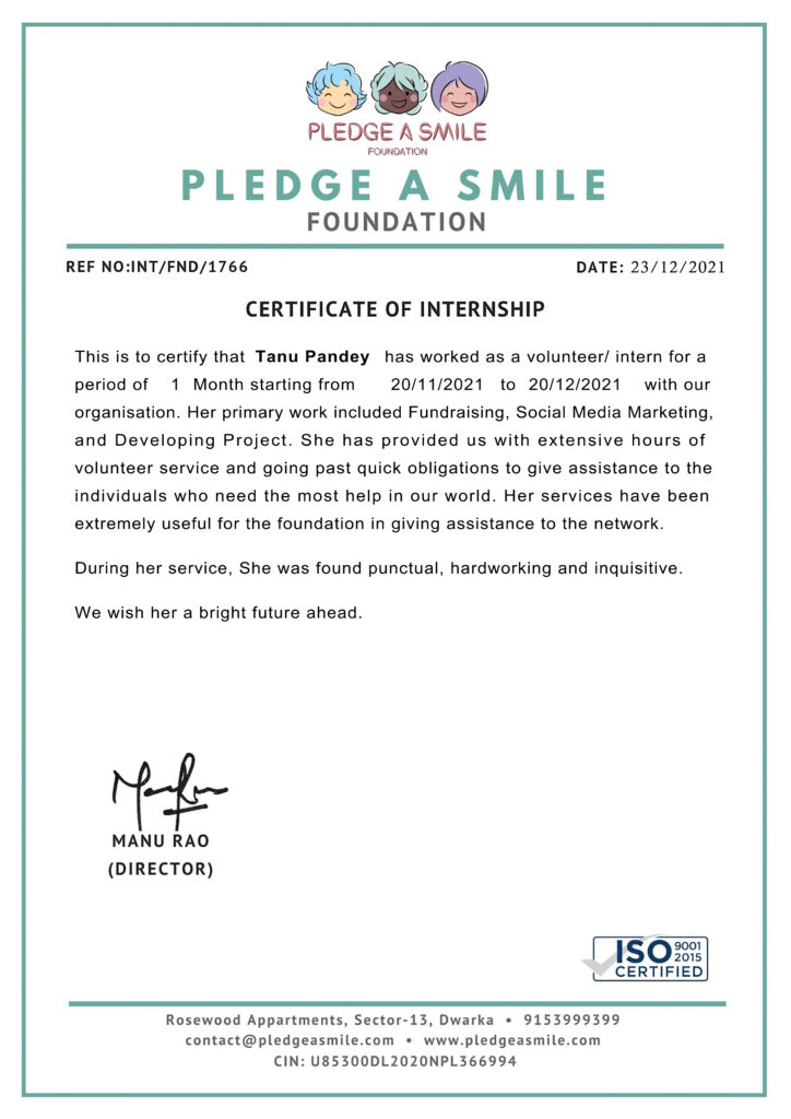 Stand Out With A Customizable PLEDGE A SMILE Internship Certificate PSD Template