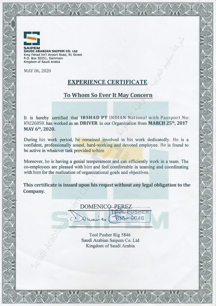 Purchase Realistic Fake Saipem Saudi Arabian Experience Certificate ...