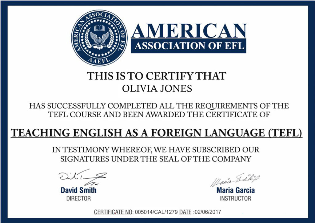 American Association Of EFL, TEFL Certificate PSD Template