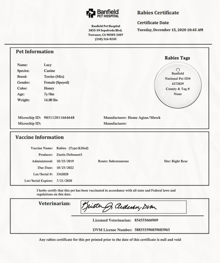 Buy Banfield Pet Hospital Rabies Certificate Template