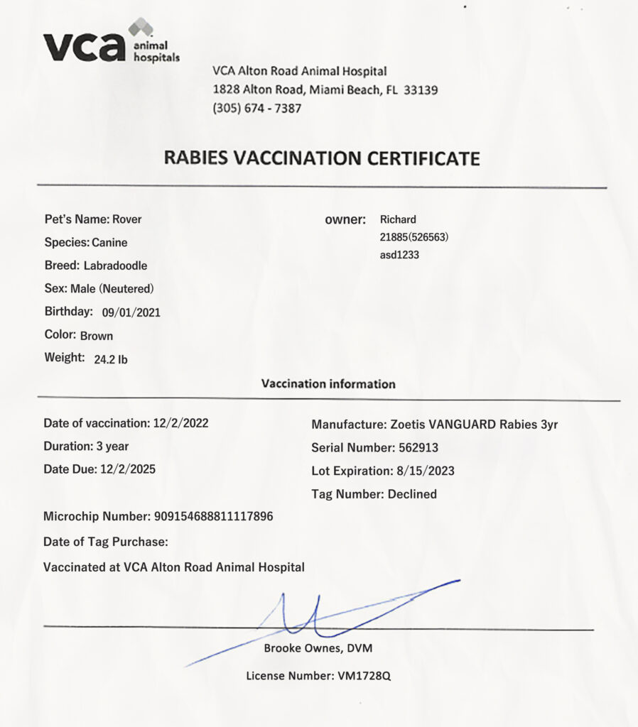 Buy Vca Alton Road Animal Rabies Certificate Template