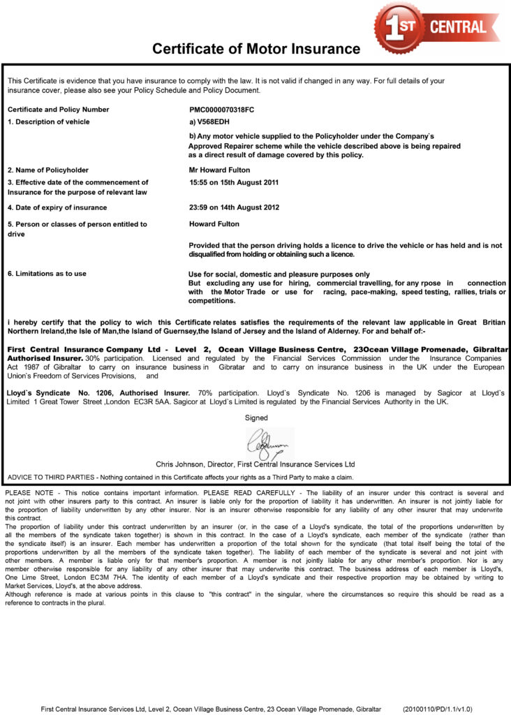 Customizable Fake Proof Of 1st Central Motor Insurance